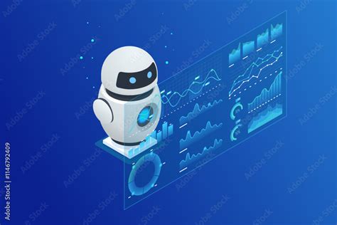 Isometric Ai Robot Interacting With Digital Analytics Interface