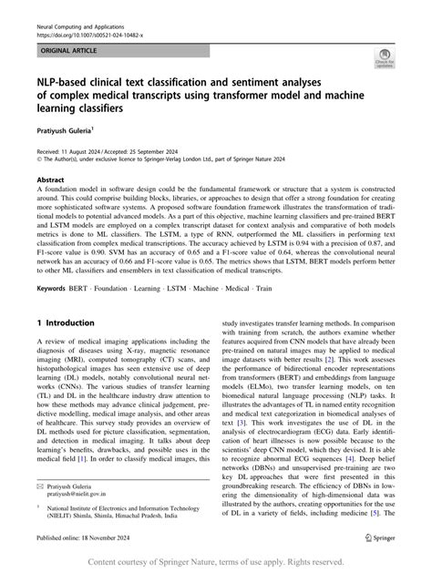 Nlp Based Clinical Text Classification And Sentiment Analyses Of Complex Medical Transcripts