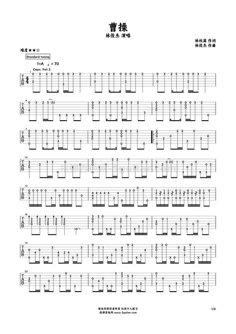 林俊杰曹操吉他谱 指弹独奏谱 指弹吉他网 5guitar
