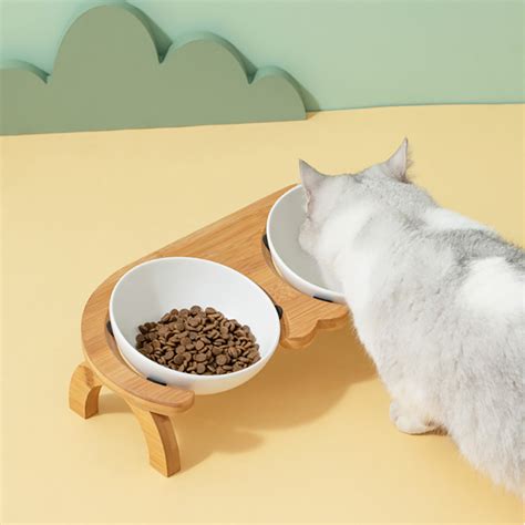 Badu Bg Керамична купа за храна за хранене на котки със стойка Купички за двойна хранилка за