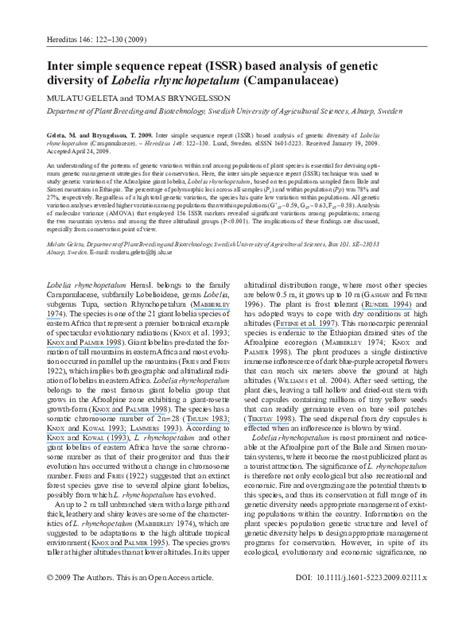 Pdf Inter Simple Sequence Repeat Issr Based Analysis Of Genetic Diversity Of Lobelia