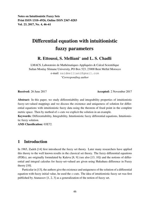 Pdf Differential Equation With Intuitionistic Fuzzy Parameters