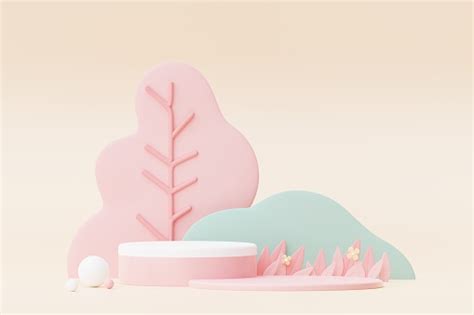추상 자연의 파스텔 꽃 잎 나무 식물과 연단 스탠드 플랫폼 귀여운 만화 자연 풍경 배경 최소한의 디자인으로 봄 다채로운 식물의