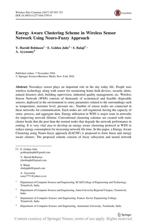 Energy Aware Clustering Scheme In Wireless Sensor Network Using Neuro Fuzzy Approach Request Pdf