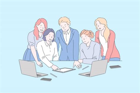 긍정적 인 직장 환경 비즈니스 회의 개념 프리미엄 벡터