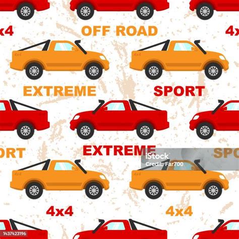 흰색 배경에 격리된 빨간색과 주황색 오프로드 픽업 트럭 측면도 귀여운 자동차 완벽 한 패턴입니다 벡터 간단한 평면 그래픽 그림입니다 텍스처 더러운에 대한 스톡 벡터 아트 및