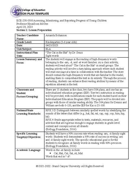 Benchmark Data Driven Lesson Planning Lesson Plan Template Ece 230