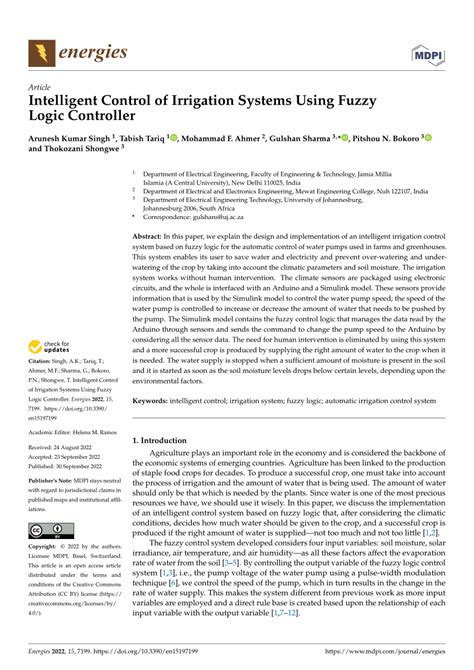 Pdf Intelligent Control Of Irrigation Systems Using Fuzzy Logic Controller