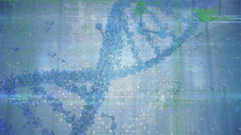 Animation Of Dna Structure Spinning Over Molecular Structures Against Blue Background Stock
