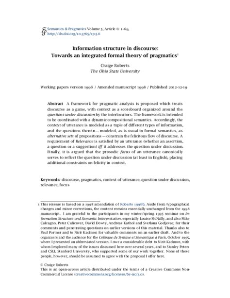 Pdf Information Structure In Discourse Towards An Integrated Formal Theory Of Pragmatics