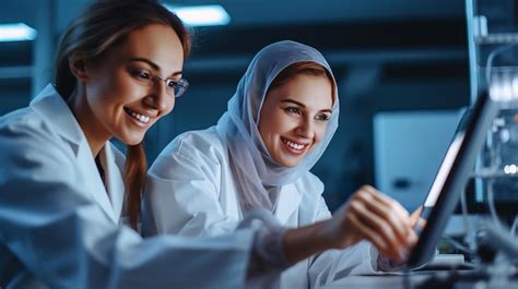 Premium Photo Two Female Lab Assistant Is Working On A Technical Device Smiling