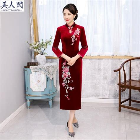 旗袍女中國風大碼加絨加厚長袖改良復古媽媽裝冬季保暖氣質婚宴裝 美人閣 Yahoo奇摩拍賣