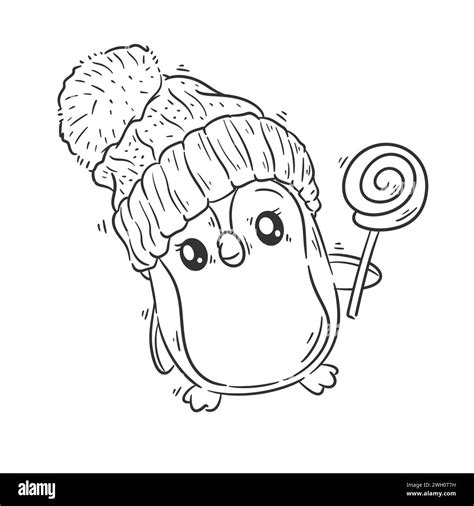 Cute Penguin Wearing Head Warmer And Carrying Candy Cartoon Vector For