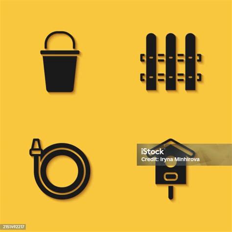 양동이 새 집 정원 호스 및 울타리 나무 아이콘 긴 그림자를 설정합니다 벡터 가정 생활에 대한 스톡 벡터 아트 및 기타 이미지 가정 생활 건축물 검은색 Istock