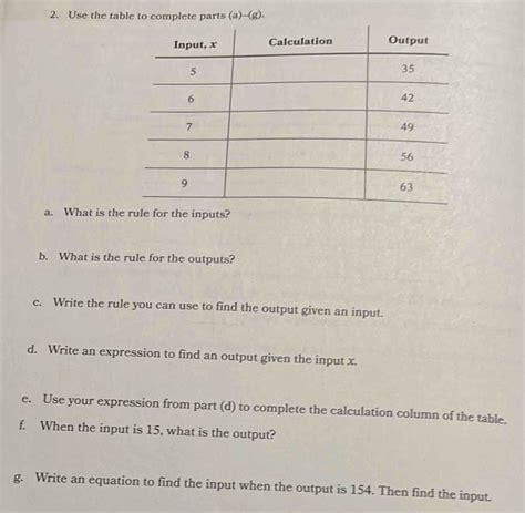 Solved 2 Use The Table To Complete Parts A G A What Is The B What Is The Rule For The O