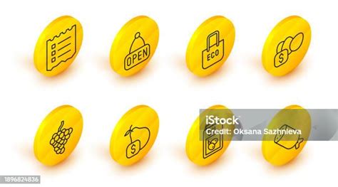 세트 라인 살라미 소시지 올리브 오일 병 배 가격표 포도 과일 계란 재활용 쇼핑백 행잉 사인 열기 및 목록 아이콘 벡터 3차원 형태에 대한 스톡 벡터 아트 및 기타 이미지