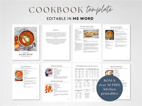 Editable Cookbook MS Word Template Classic Style Printable Recipe Book Binder Kit Kitchen
