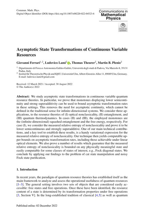 Pdf Asymptotic State Transformations Of Continuous Variable Resources