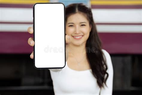 mobile advertisement woman showing big blank screen smartphone at
