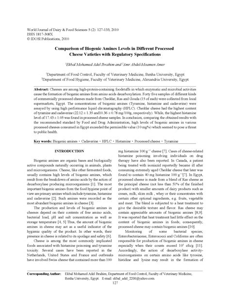 Pdf Comparison Of Biogenic Amines Levels In Different Processed Cheese Varieties With