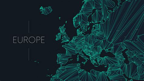 라인으로 연결된 노드가 있는 유럽 대륙의 다각형 지도 벡터 글로벌 네트워크 컨셉 포스터 추상 일러스트레이션 유럽에 대한 스톡