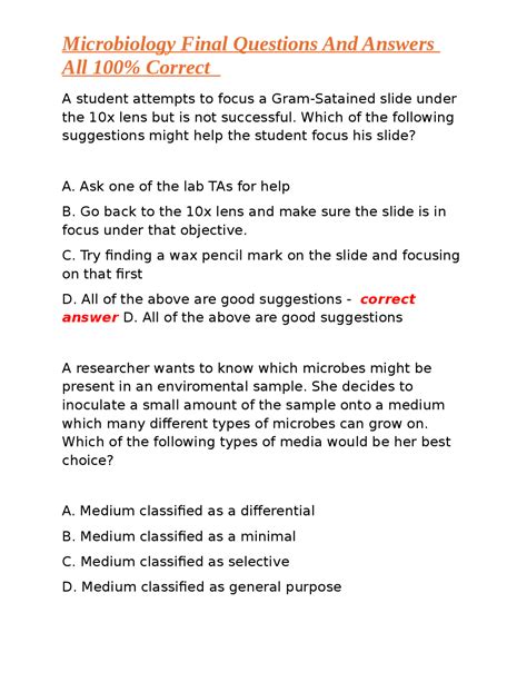 Microbiology Final Questions And Answers Exams Microbiology Docsity