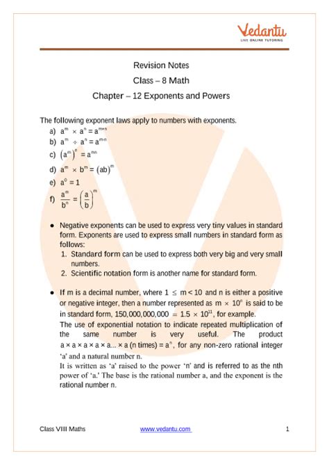 Class 8 Revision Notes For Cbse Maths Chapter 12 Exponents And Powers