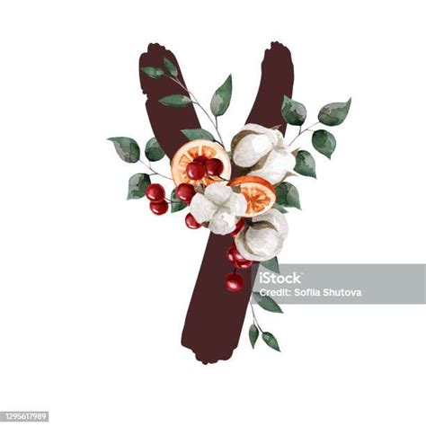 수채화 스타일의 잎 면 베리 및 오렌지와 대문자 Y 엽서 초대장 선물 브로셔 웹사이트 브로셔 텍스트 등에 적합합니다 0명에 대한 스톡 벡터 아트 및 기타 이미지 Istock