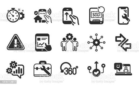 도구 케이스 스마트폰 수리 및 직원 팀워크 아이콘 세트 올바른 방법으로 위로 스 와이프하고 인터넷 보고서 표지판을 표시합니다