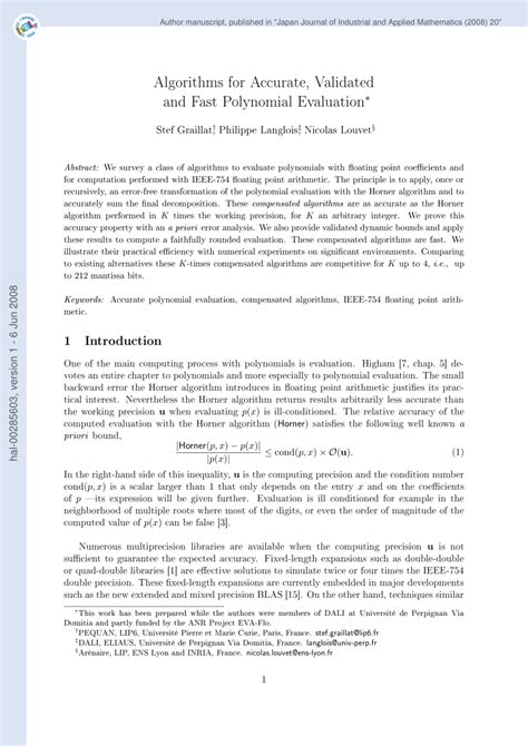 Pdf Algorithms For Accurate Validated And Fast Polynomial Evaluation
