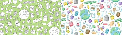 우유 낙서 아이 손 그리기 원활한 패턴 세트 편집 가능한 스트로크 및 마커 수채화 세계 우유의 날 2022 개념 흰색 배경에