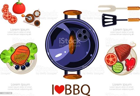 바베 큐 아이콘을 설정 장비 굽고 구이 음식 메뉴 디자인 요소 평면 벡터 일러스트 레이 션 고기에 대한 스톡 벡터 아트 및 기타