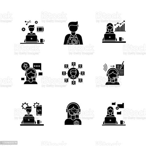 공백에 설정된 원격 작업 검정 글리프 아이콘입니다 기술 및 관리자 지원 Seo 및 마케팅 사진 및 비디오 편집 데이터 입력 작업