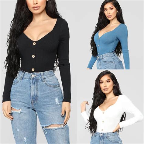 Women Sexy Solid Rompers Bodysuits New Fashion Stretch Buttons Slim