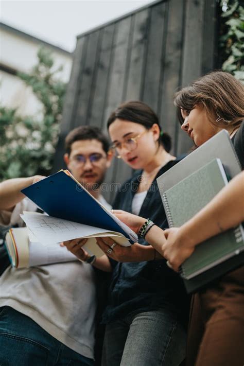 High School Students Working Together On Assignments Outside Stock