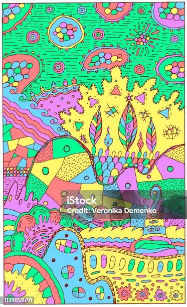 초현실적 인 집과 나무와 판타지 풍경입니다 환각 환상적인 여러 가지 빛깔의 작품 벡터 일러스트 0명에 대한 스톡 벡터 아트 및 기타 이미지 Istock