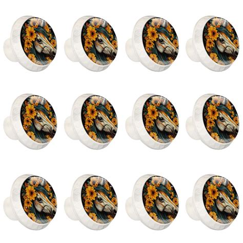 Unicorn Skull Sunflower 12 Pcs White Round Drawer Pulls With Screwsabs