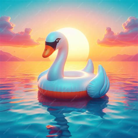 Premium Photo Inflatable Swan In The Sea On The Background Of The Sunset
