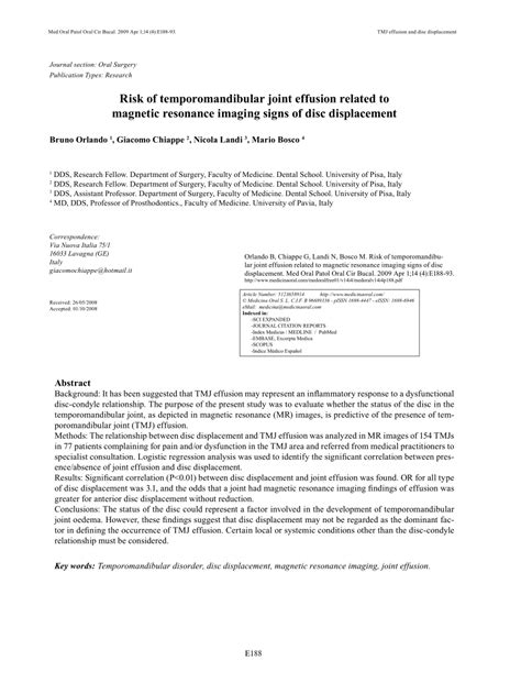 Pdf Risk Of Temporomandibular Joint Effusion Related To Magnetic Resonance Imaging Signs Of