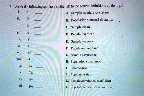 Match The Following Symbols On The Left To The Correct Definitions On The Right Sample Standard