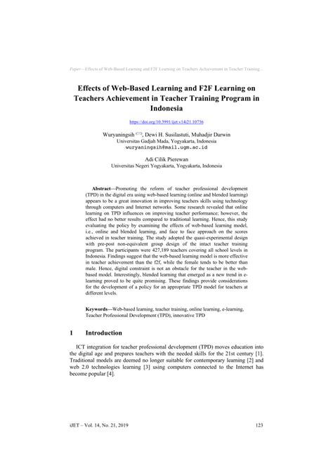 PDF Effects Of Web Based Learning And F F Learning On Teachers Achievement In Teacher Training
