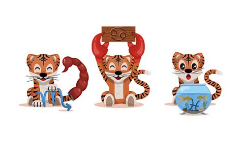 암 전갈 자리 물고기 자리 조디악 기호 점성술 기호 아이콘 벡터 만화 일러스트 별자리와 동부 새해와 호랑이 새끼 0명에 대한