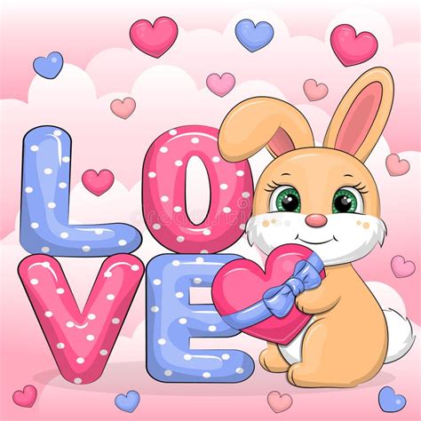 Word Love And Cute Cartoon Bunny With Heart Stock Vector