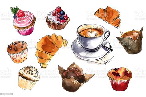 음식 스케치 과자 패스트리 컵 케이크 머핀 및 커피 수채화 그림과 잉크 달콤한 음식에 대한 스톡 벡터 아트 및 기타 이미지 달콤한 음식 3가지 개체 건강한 식생활