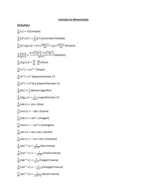 Calc 2 Formulas For Memorization Pdf Trigonometric Functions Euclid