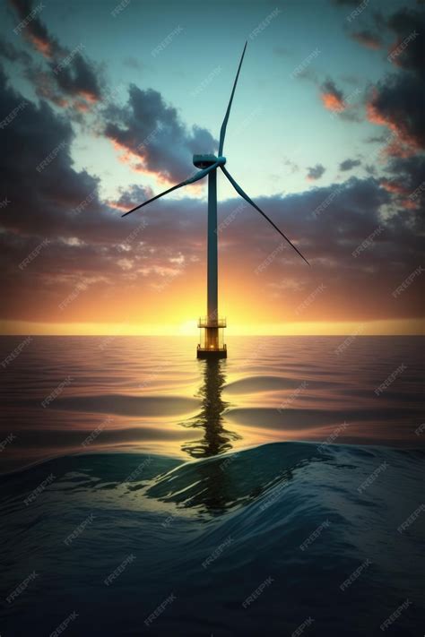 premium ai image wind turbine in ocean and clouded sky created using