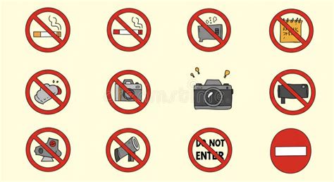 Cartoon Prohibition Signs Set No Smoking No Littering No