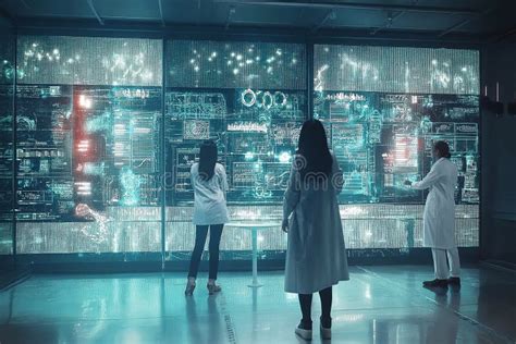 Scientists Analyze Advanced Digital Data On A Large Futuristic Display Highlighting Innovation