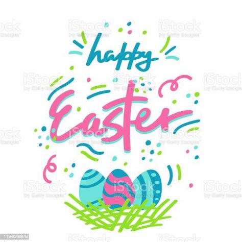 둥지에 장식 된 계란 다채로운 행복 부활절 인사말 카드 손으로 쓴 비문 주위에 작은 점과 줄무늬 인사말 카드 트렌디 한 디자인입니다 초대 템플릿 포스터 또는 전단지 벡터 0