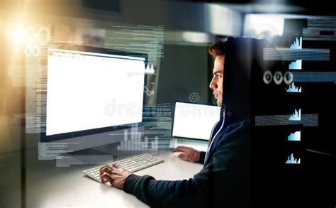 Man Hacker And Hologram With Computer Monitor And Virus Installation For Firewall Bypass And